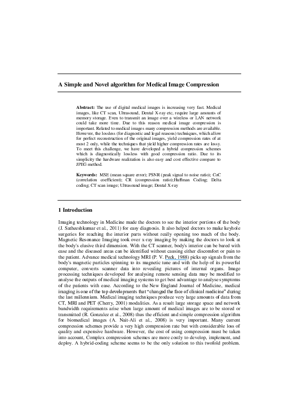 Pdf A Simple And Novel Algorithm For Medical Image Compression