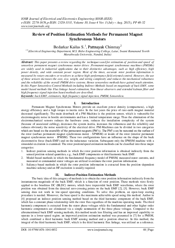 Pdf Review Of Position Estimation Methods For Permanent Magnet Synchronous Motors