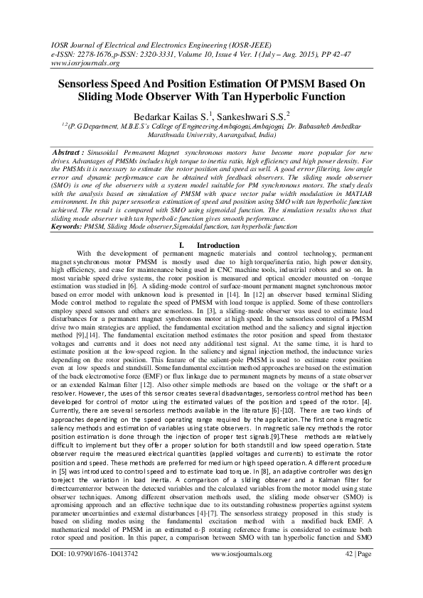 Pdf Sensorless Speed And Position Estimation Of Pmsm Based On Sliding