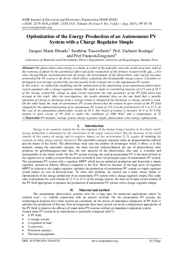 (PDF) Optimization of the Energy Production of an Autonomous PV System ...