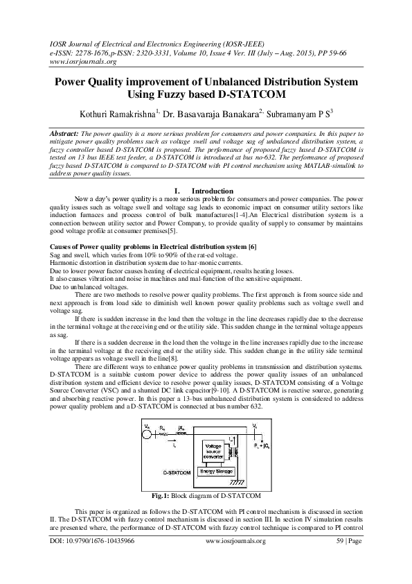 (PDF) Power Quality improvement of Unbalanced Distribution System Using Fuzzy based D-STATCOM