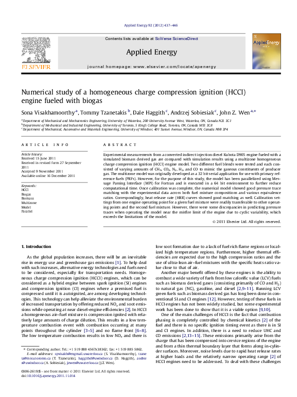 (PDF) Numerical study of a homogeneous charge compression ignition (HCCI) engine fueled with biogas