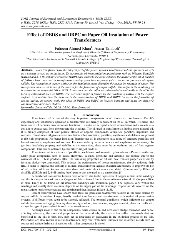(PDF) Effect of DBDS and DBPC on Paper Oil Insulation of Power Transformers