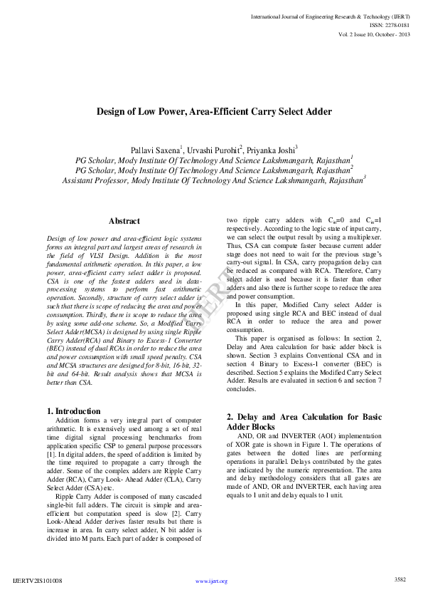 (PDF) Design of Low Power, Area-Efficient Carry Select Adder