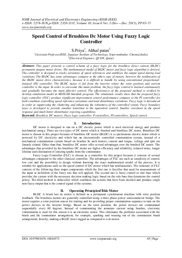 (PDF) Speed Control of Brushless Dc Motor Using Fuzzy Logic Controller