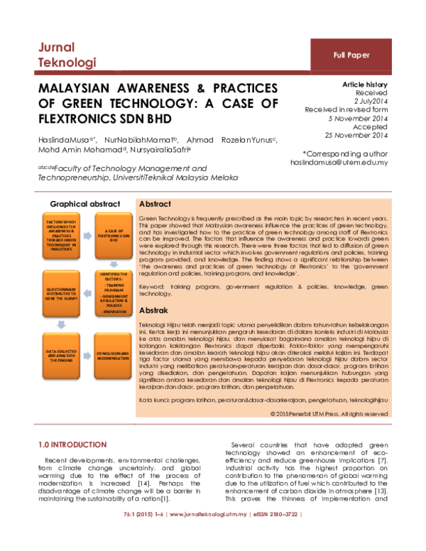 (PDF) MALAYSIAN AWARENESS & PRACTICES OF GREEN TECHNOLOGY: A CASE OF FLEXTRONICS SDN BHD