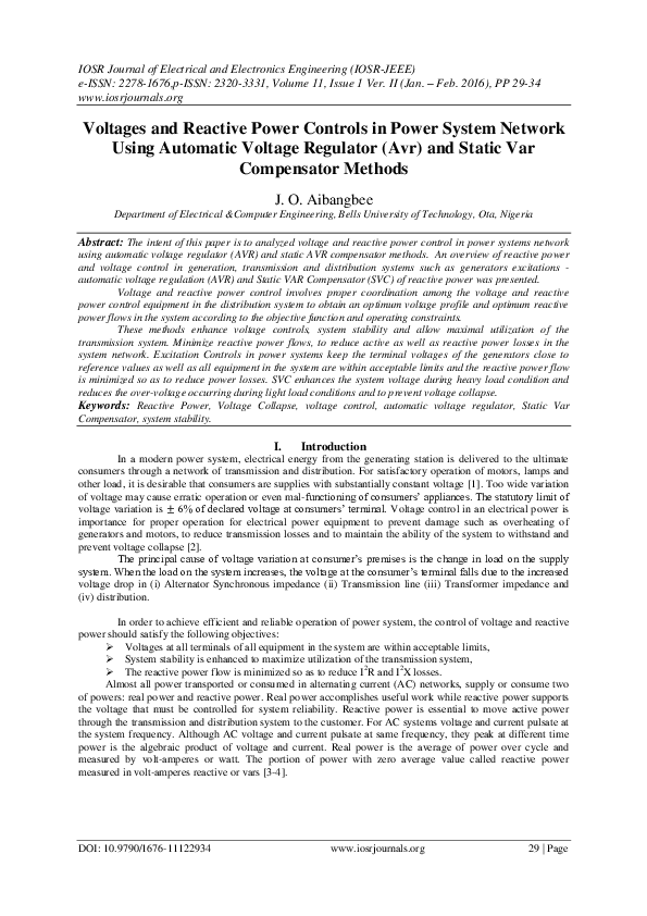 Pdf Voltages And Reactive Power Controls In Power System Network Using Automatic Voltage