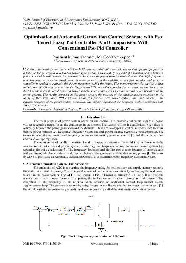 Pdf Optimization Of Automatic Generation Control Scheme With Pso