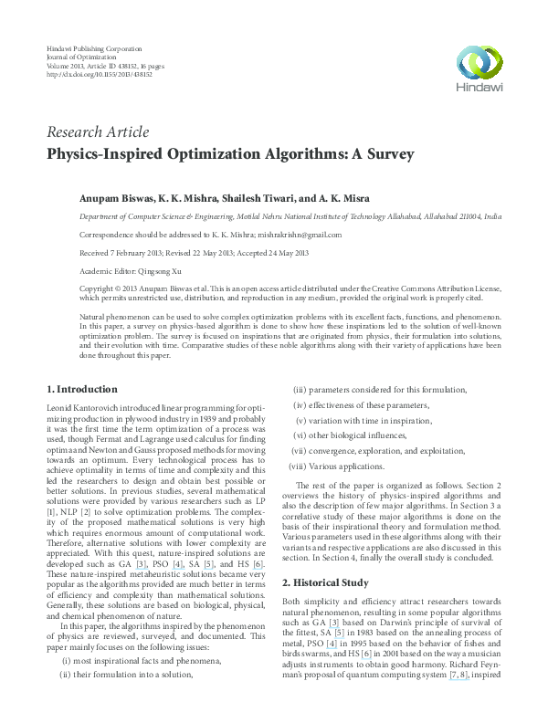 Pdf Physics Inspired Optimization Algorithms A Survey