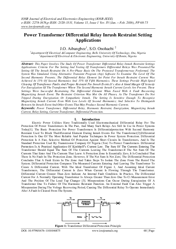 (PDF) Power Transformer Differential Relay Inrush Restraint Setting Applications