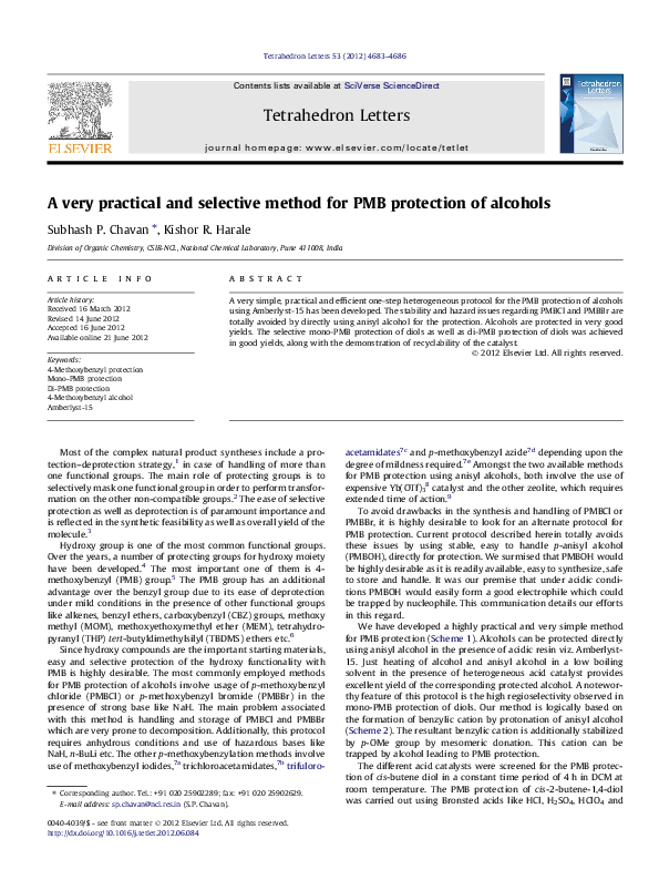 (PDF) A very practical and selective method for PMB protection of alcohols