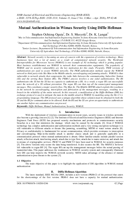 (PDF) Mutual Authentication in Wimax Security Using Diffie Hellman