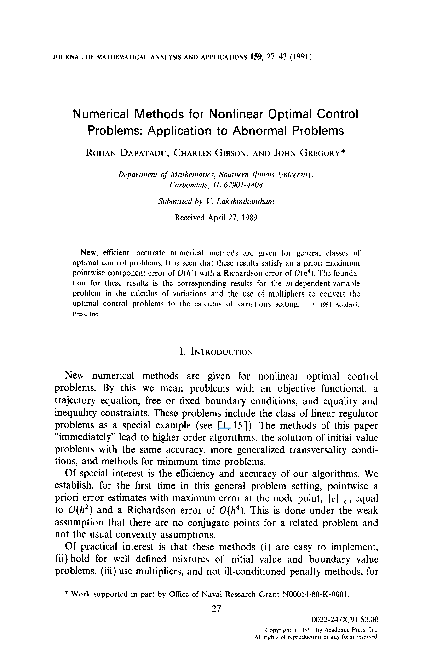 Pdf Numerical Methods For Nonlinear Optimal Control Problems Application To Abnormal Problems