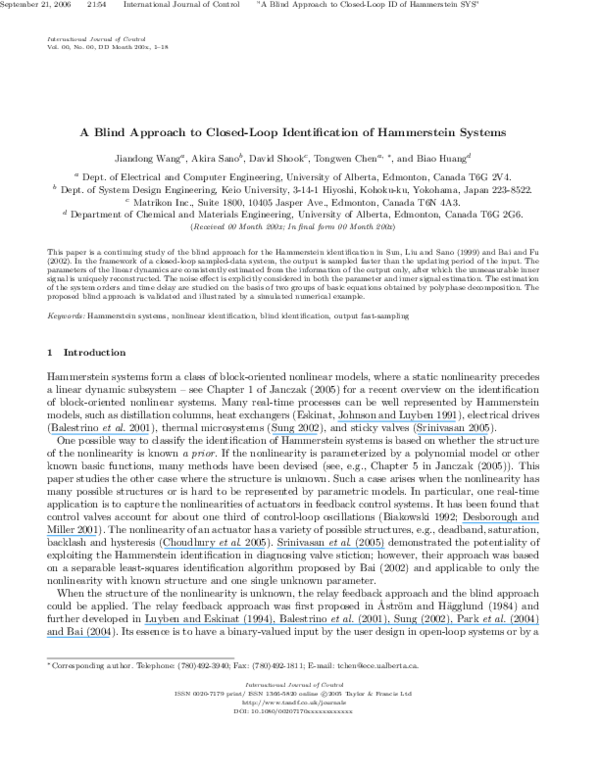 (PDF) A Blind Approach to Closed-Loop Identification of Hammerstein Systems