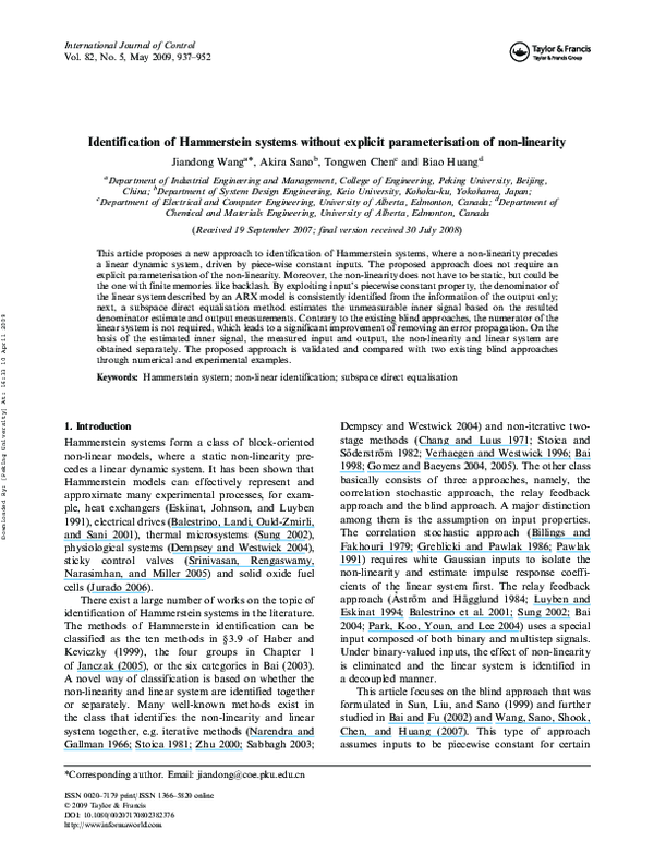 (PDF) Identification of Hammerstein systems without explicit parameterisation of non-linearity