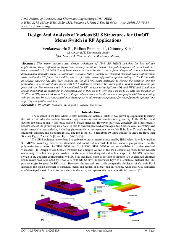 (PDF) Design And Analysis of Various SU 8 Structures for On/Off Mems Switch in RF Applications