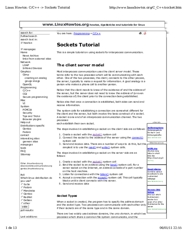 Pdf Sockets Tutorial The Client Server Model