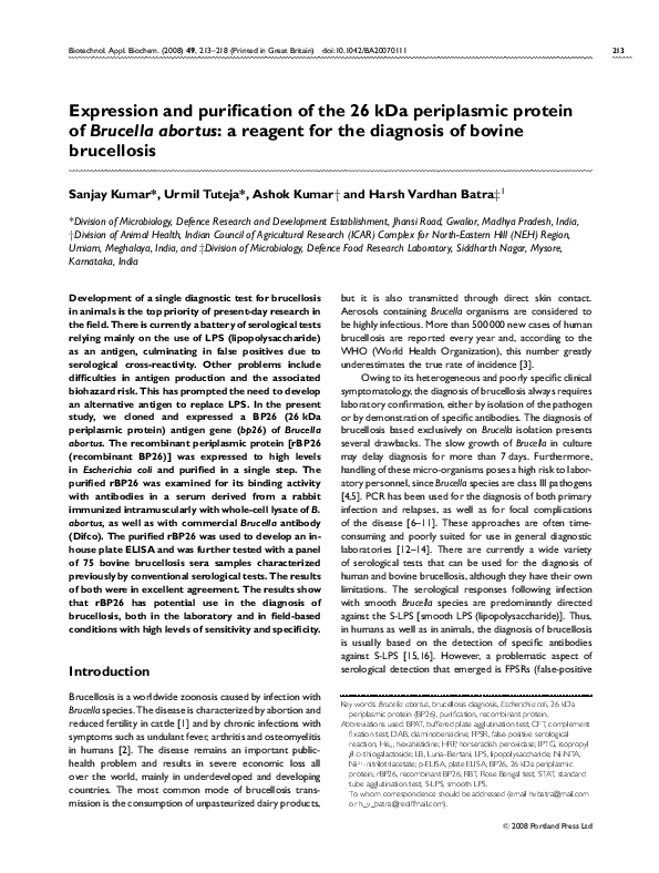 (PDF) Expression and purification of the 26 kDa periplasmic protein of ...