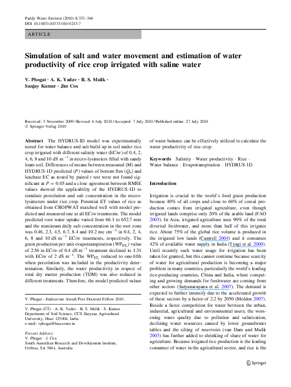 (PDF) Simulation of salt and water movement and estimation of water ...