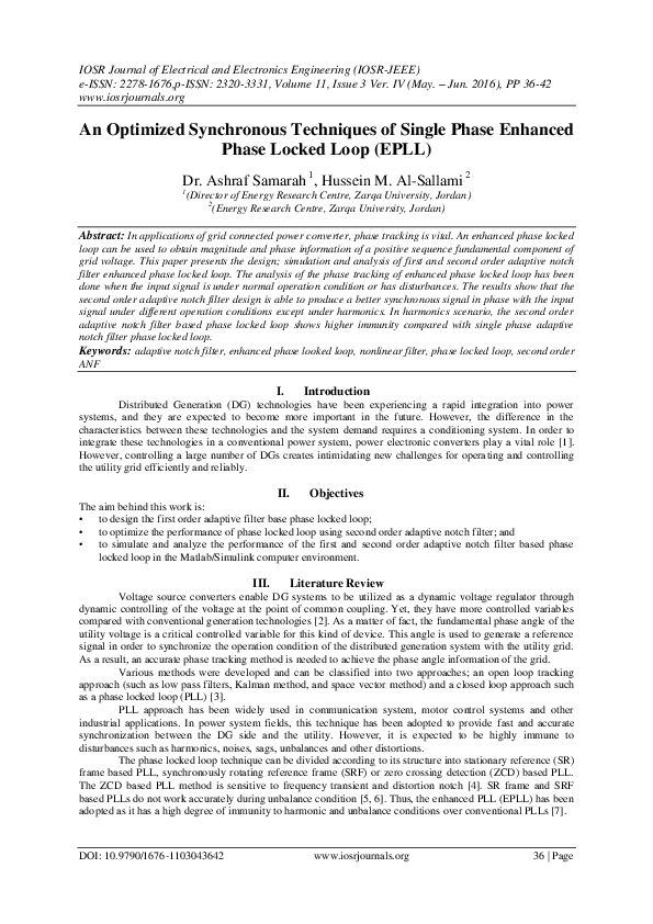 Pdf An Optimized Synchronous Techniques Of Single Phase Enhanced Phase Locked Loop Epll 