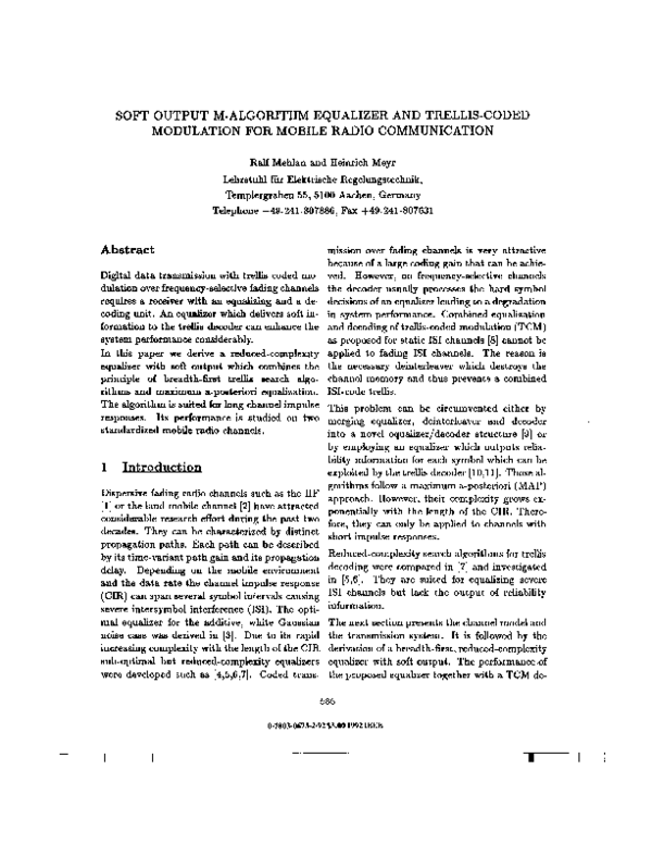 Pdf Soft Output M Algorithm Equalizer And Trellis Coded Modulation For Mobile Radio Communication