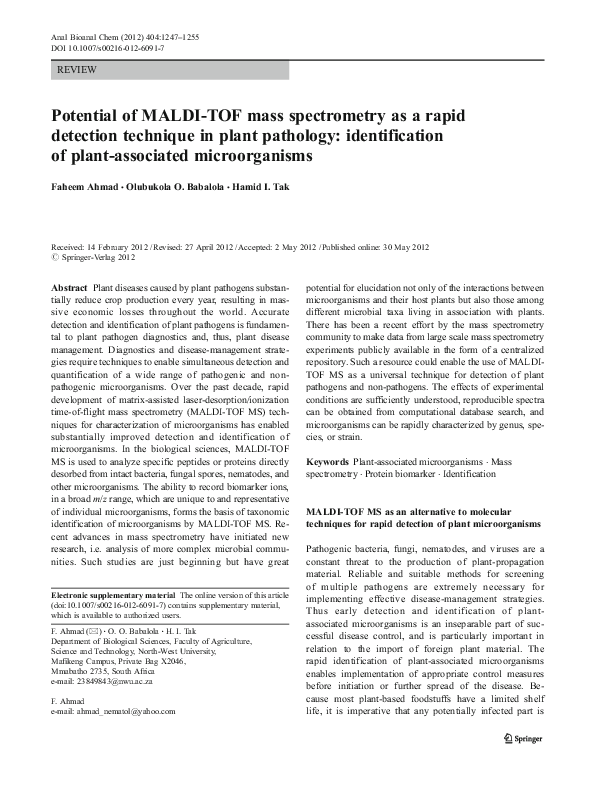 (PDF) MALDI-TOF MS for Rapid Plant Pathogen Detection