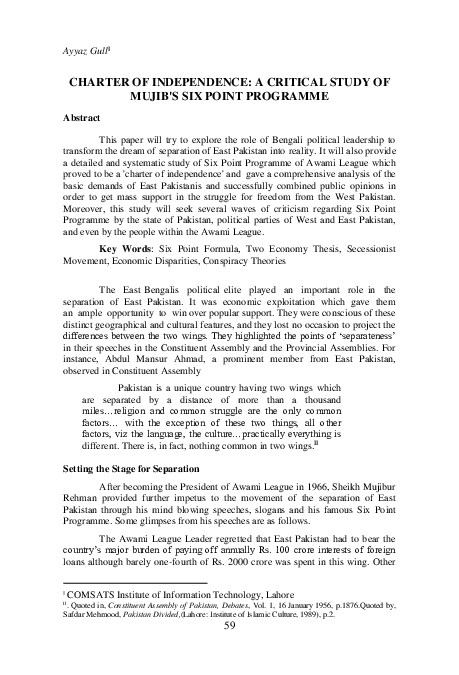 (PDF) CHARTER OF INDEPENDENCE: A CRITICAL STUDY OF MUJIB'S SIX POINT ...