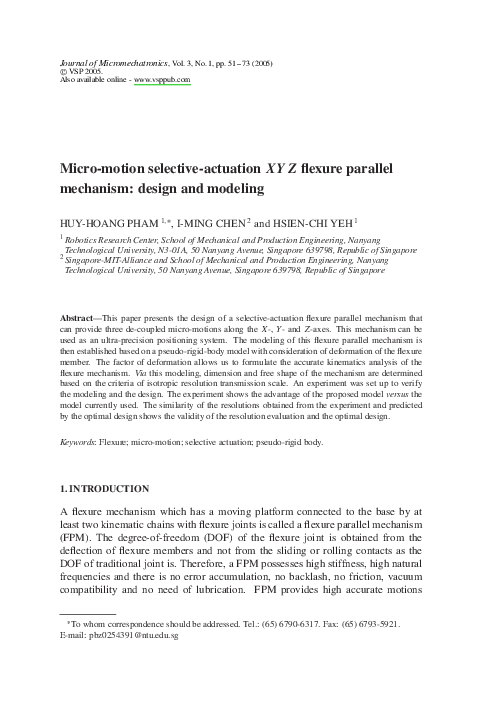 (PDF) Micro-motion selective-actuation X Y Z flexure parallel mechanism: design and modeling