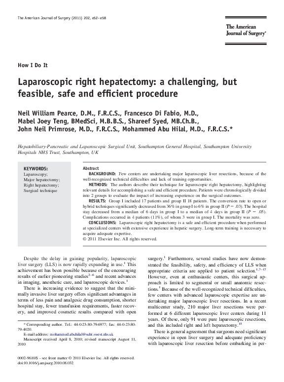 (PDF) Laparoscopic right hepatectomy: a challenging, but feasible, safe ...