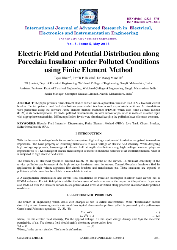 (PDF) Electric Field and Potential Distribution along Porcelain Insulator under Polluted ...