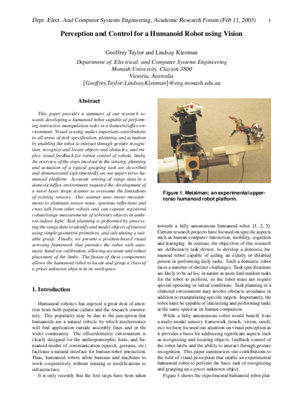 (PDF) Perception and Control for a Humanoid Robot using Vision ...