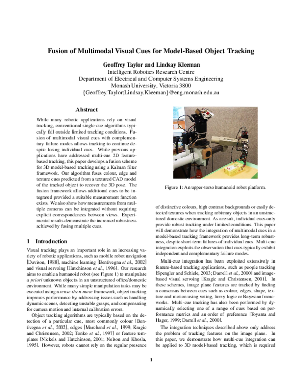 Pdf Fusion Of Multimodal Visual Cues For Model Based Object Tracking
