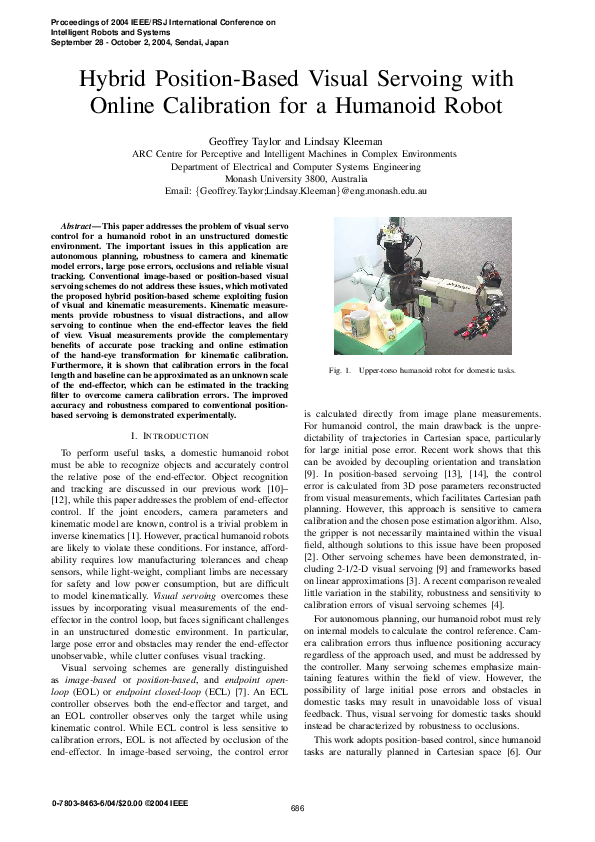 (PDF) Hybrid position-based visual servoing with online calibration for a humanoid robot
