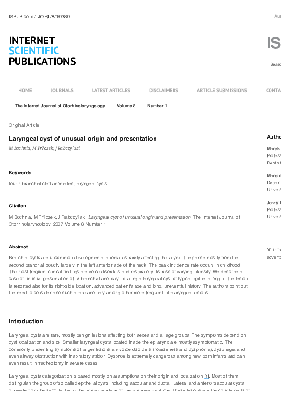 (PDF) Laryngeal cyst of unusual origin and presentation