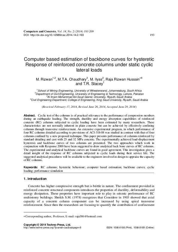 Pdf Computer Based Estimation Of Backbone Curves For Hysteretic Response Of Reinforced