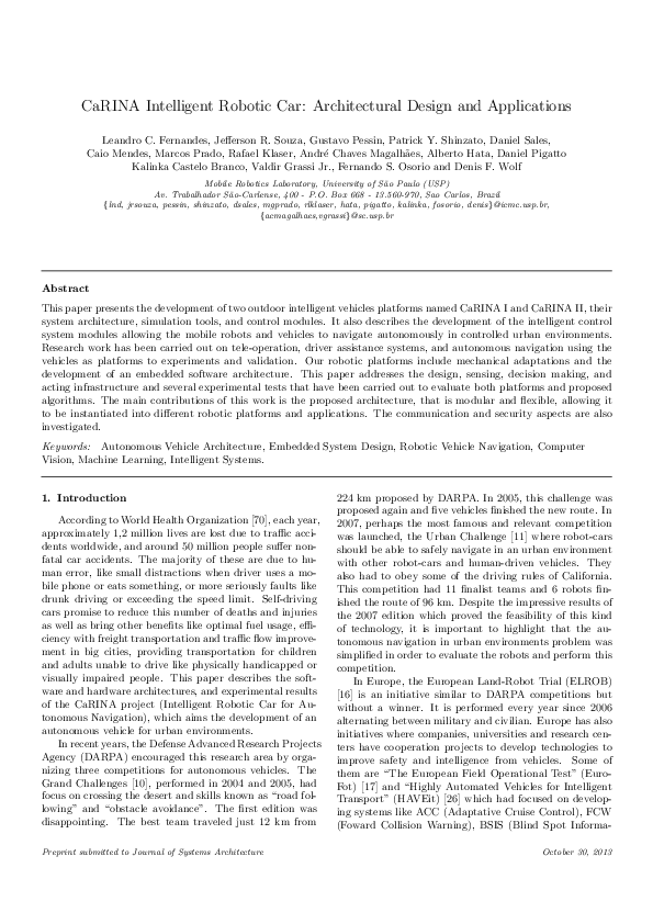 Pdf Carina Intelligent Robotic Car Architectural Design And Applications