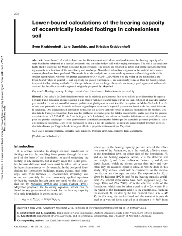 (PDF) Lower-bound calculations of the bearing capacity of eccentrically ...
