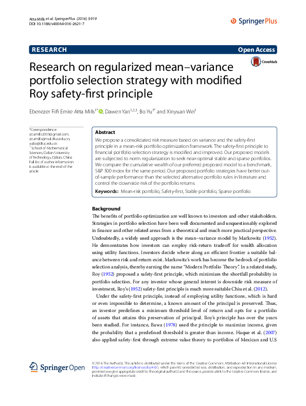 Pdf Research On Regularized Mean Variance Portfolio Selection Strategy With Modified Roy