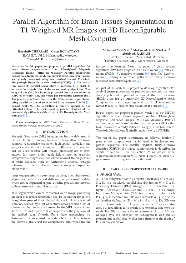 Pdf Parallel Algorithm For Brain Tissues Segmentation In T1 Weighted Mr Images On 3d