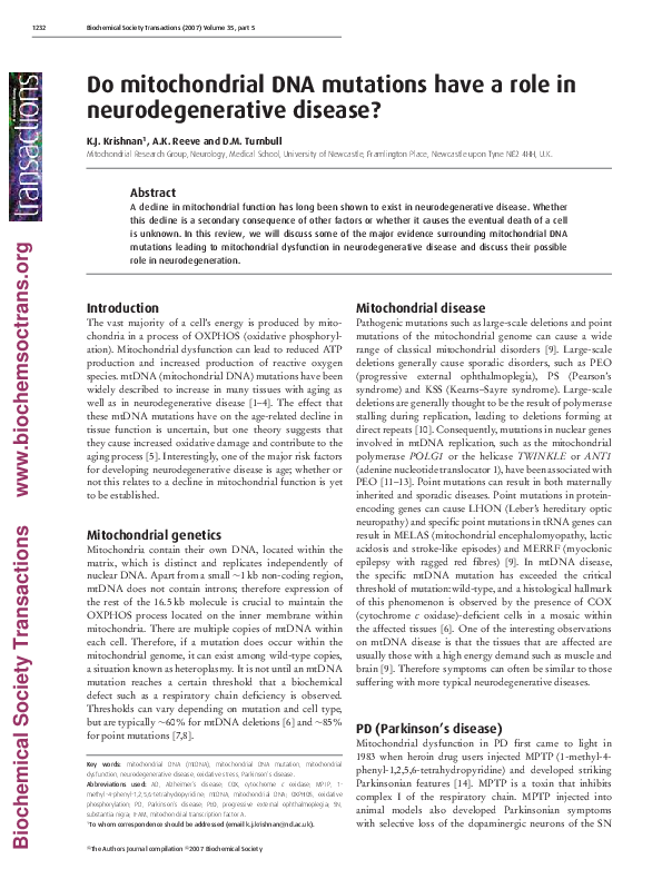 (PDF) Do mitochondrial DNA mutations have a role in neurodegenerative disease?