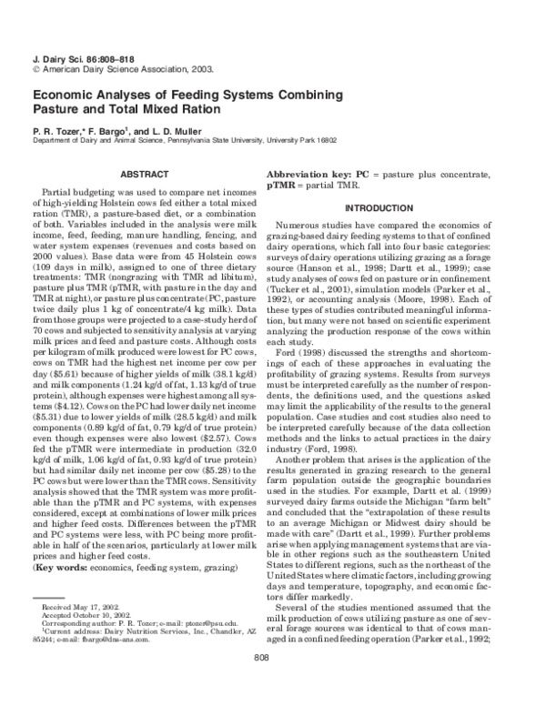 (PDF) Economic Analyses of Feeding Systems Combining Pasture and Total ...