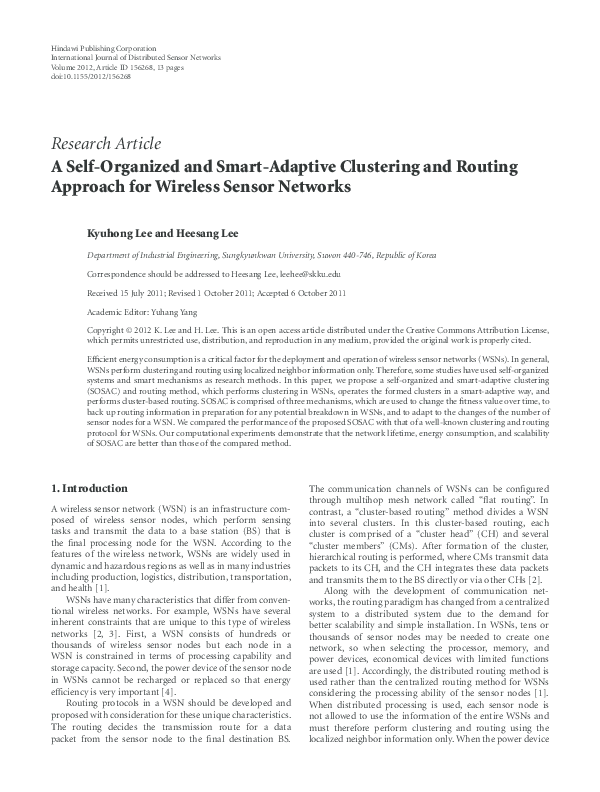 Pdf A Self Organized And Smart Adaptive Clustering And Routing Approach For Wireless Sensor