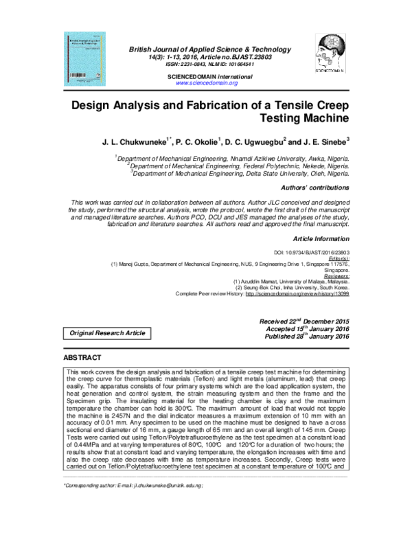 (PDF) Design Analysis and Fabrication of a Tensile Creep Testing Machine