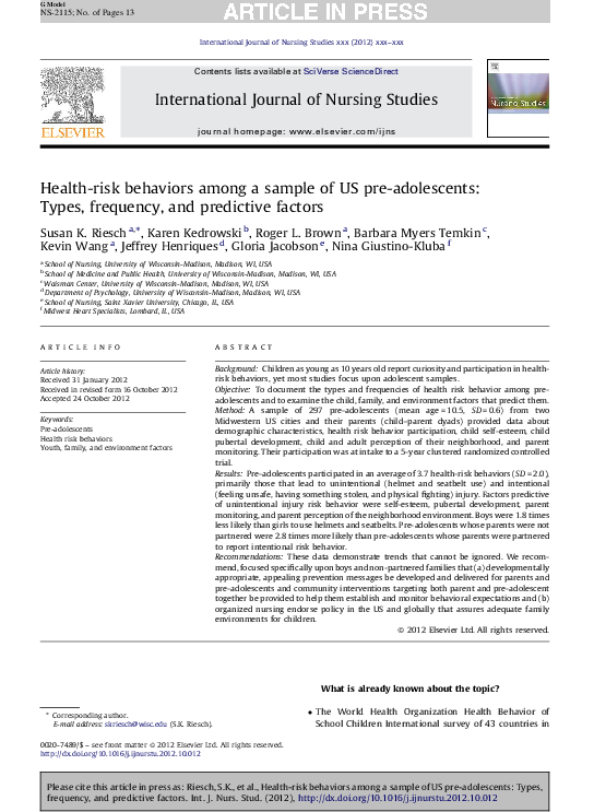 (PDF) Health-risk behaviors among a sample of US pre-adolescents: types ...