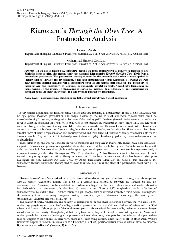(PDF) Kiarostami's Through the Olive Tree: A Postmodern Analysis