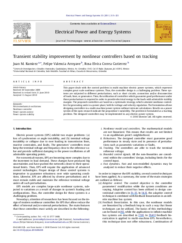 (PDF) Transient stability improvement by nonlinear controllers based on ...
