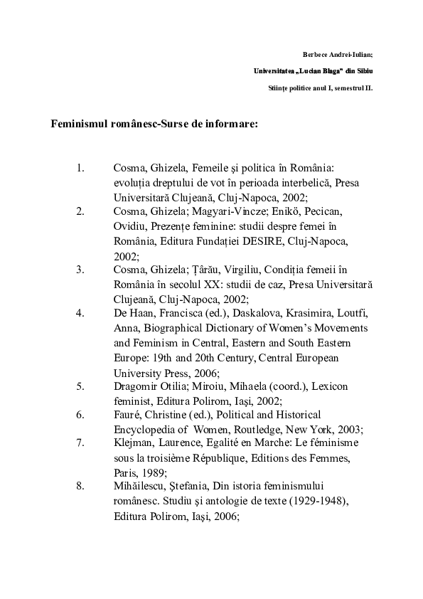 (DOC) Feminismul românesc-Surse de informare