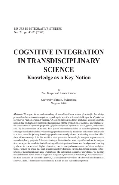 (PDF) Cognitive integration in transdisciplinary science: Knowledge as ...