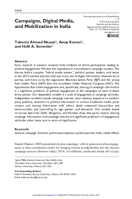 (PDF) Campaigns, Digital Media, and Mobilization in India