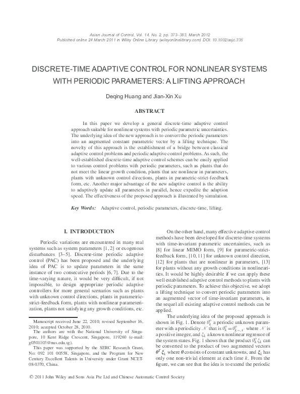 Pdf Discrete Time Adaptive Control For Nonlinear Systems With Periodic Parameters A Lifting 